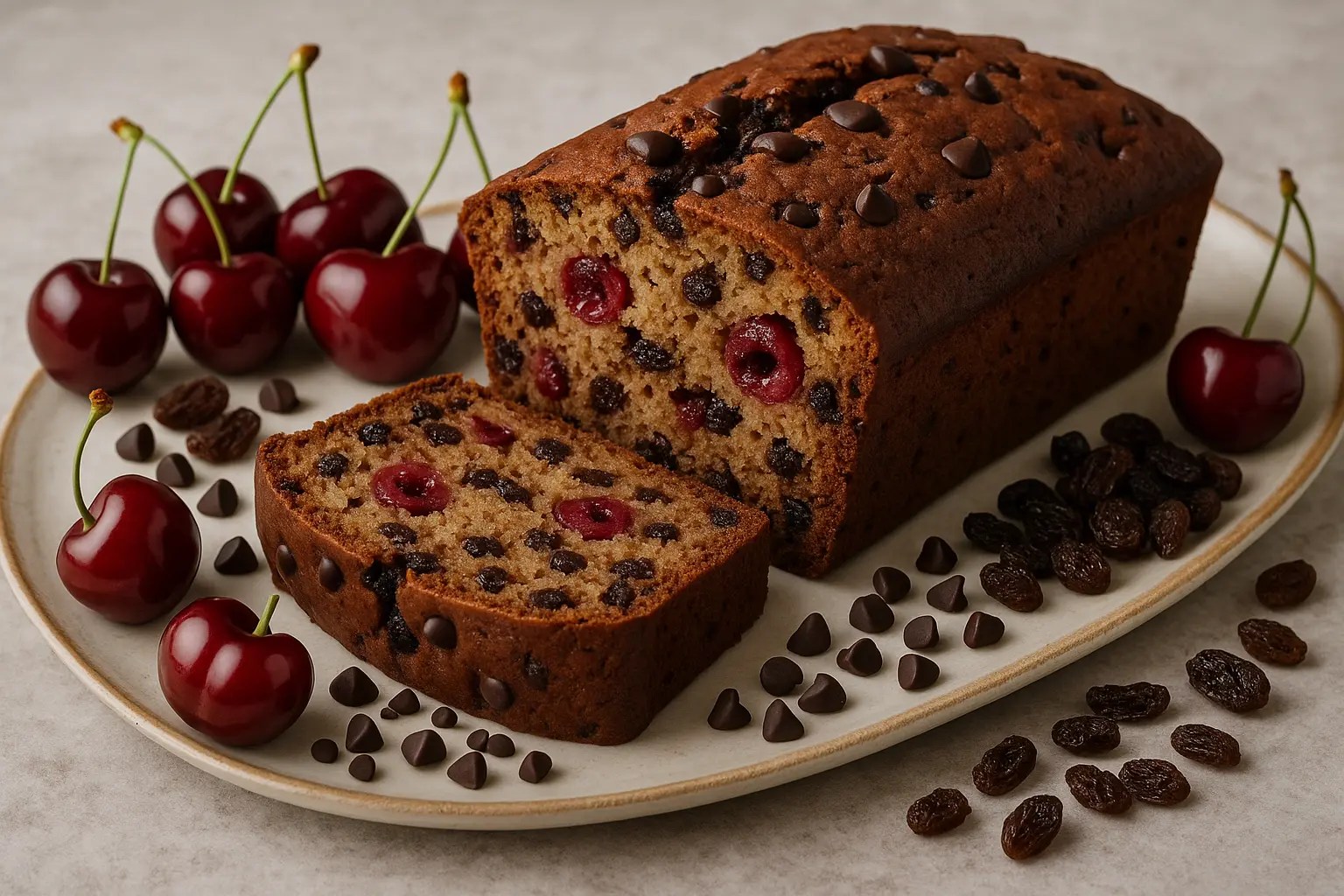 Recette : Cake aux cerise, chocolat et raisins secs | Spatul.fr